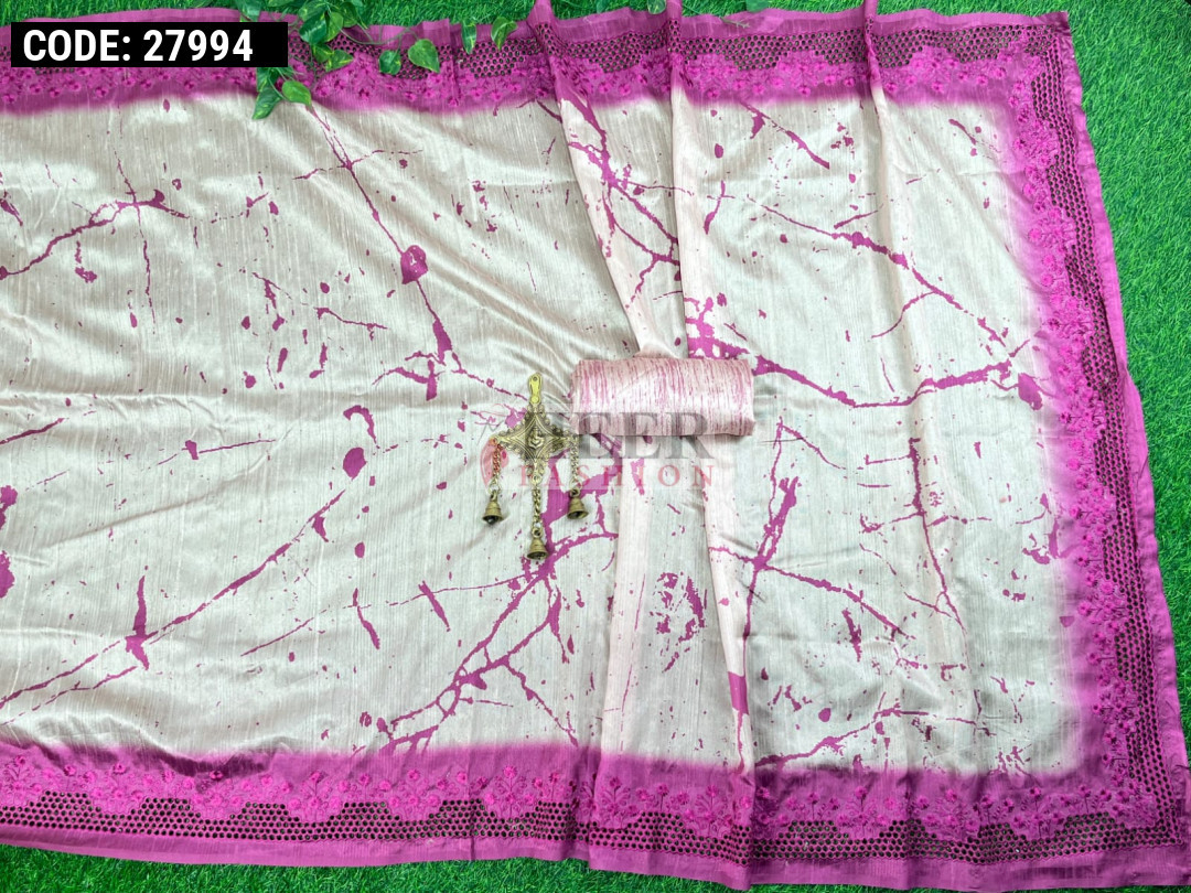 Beige and rani pink color soft tussar silk saree with embroidered cutwork
