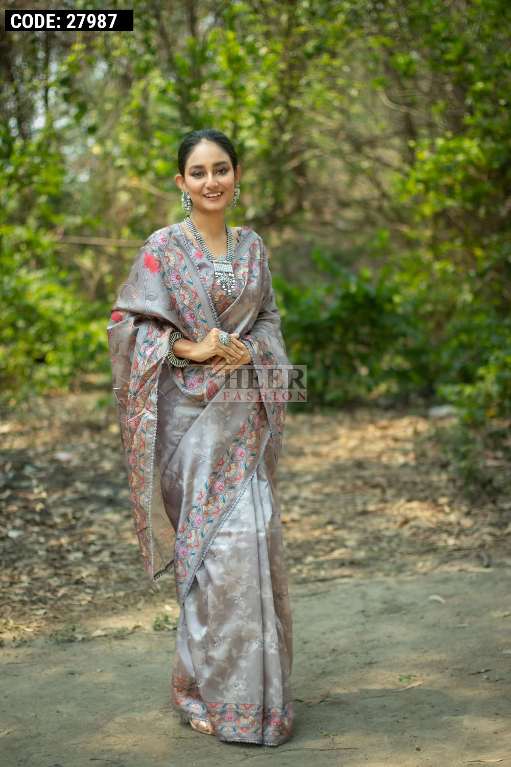 Gray color tussar silk saree with digital printed work