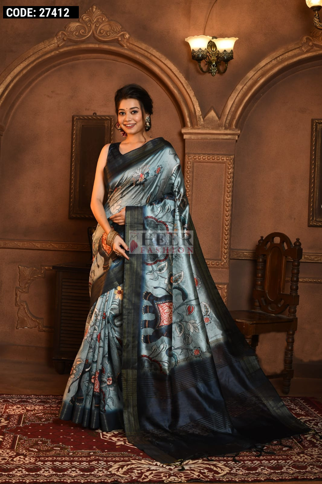 Sea green color tussar silk saree with digital printed work