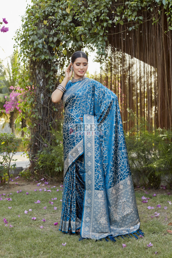 Firoji color kanjivaram soft satin silk saree with woven design