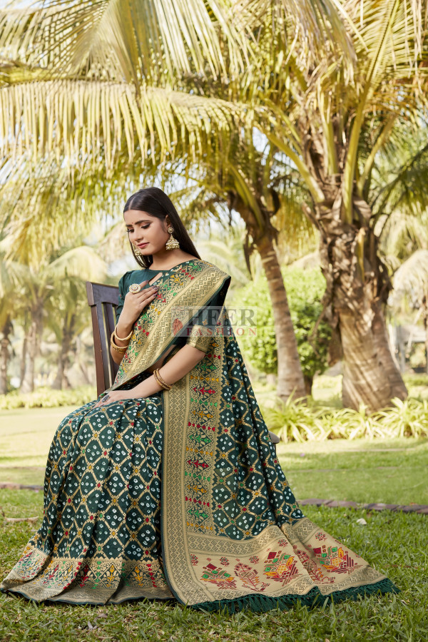 Green color bandhej silk saree with zari weaving work