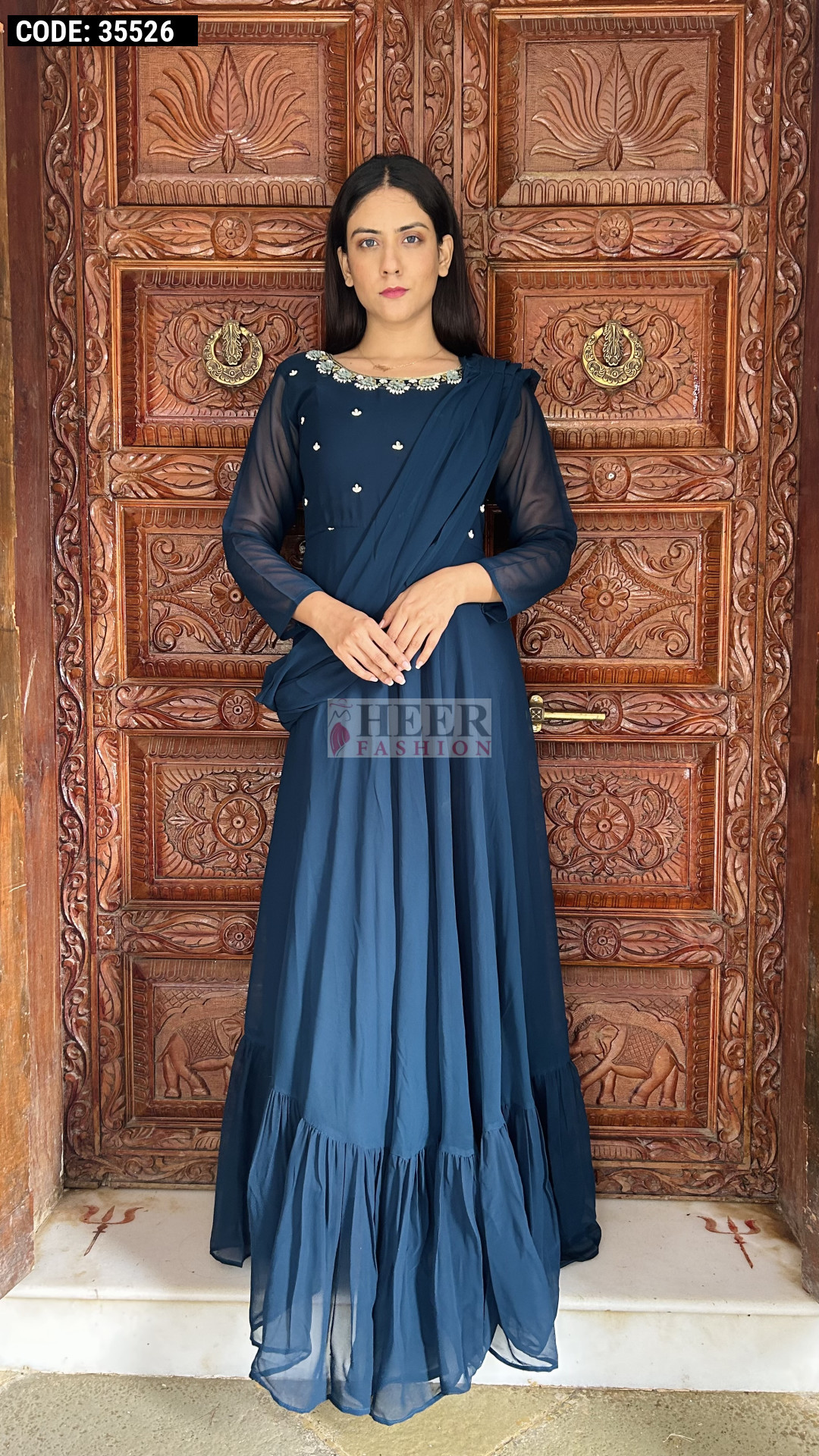 Navy blue designer drape gown with dupatta