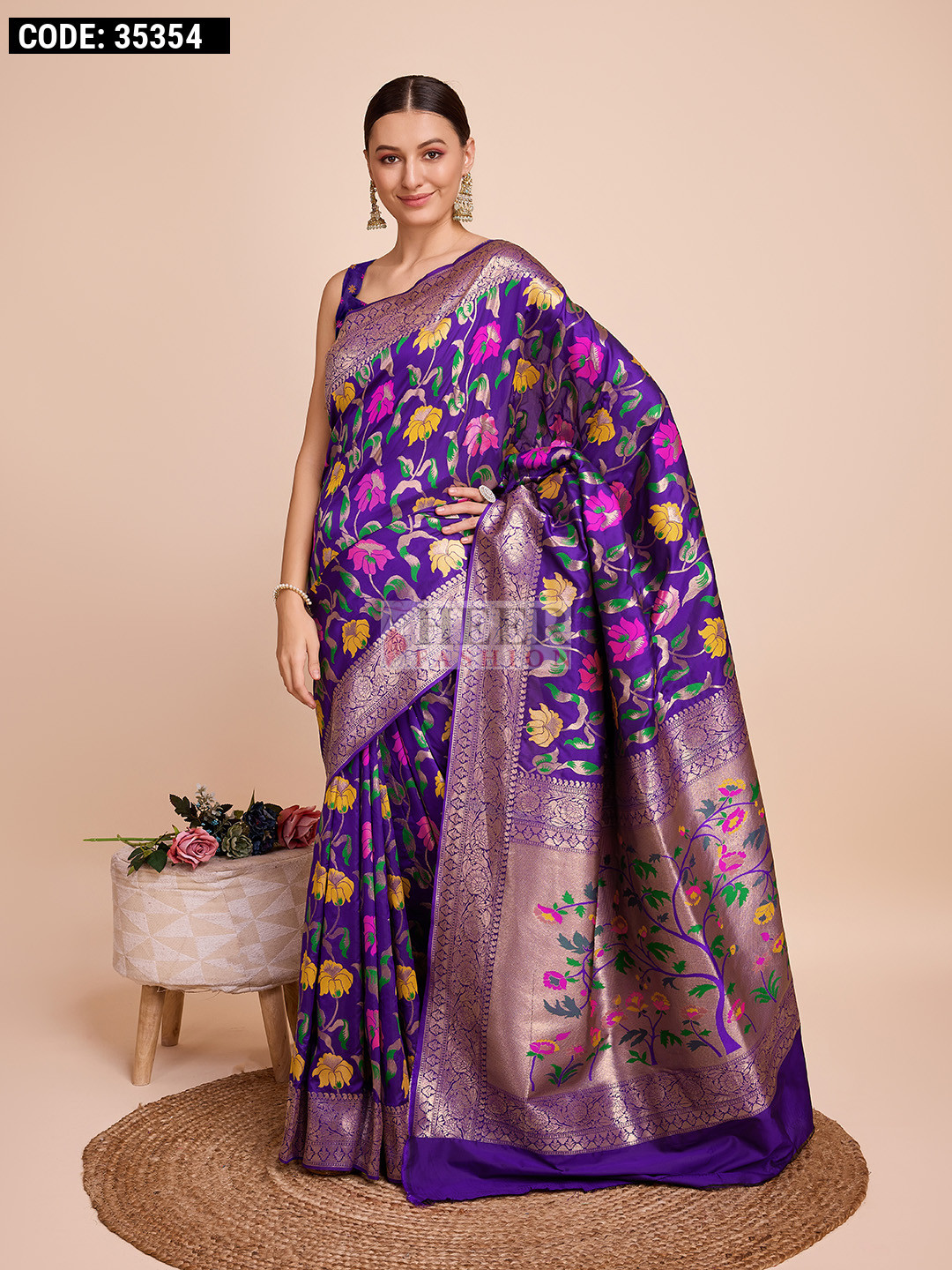 Violet color paithani silk saree with zari weaving work