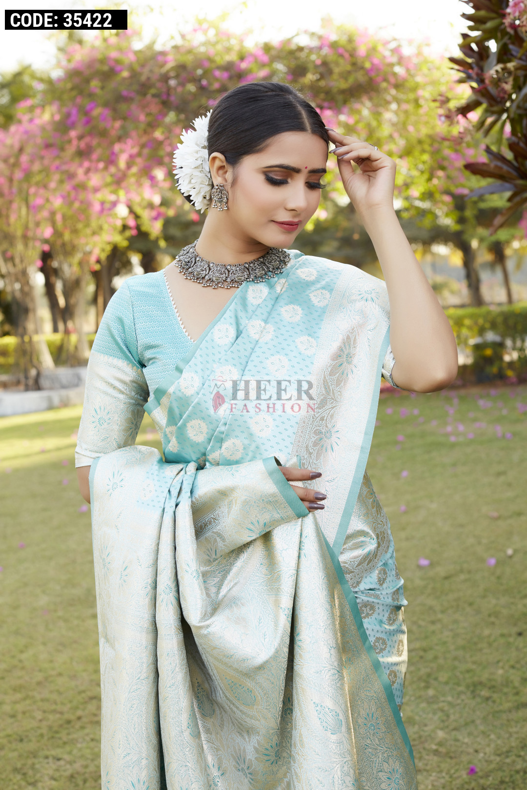 Sea green kanjivaram soft satin silk saree with weaving butta work ...