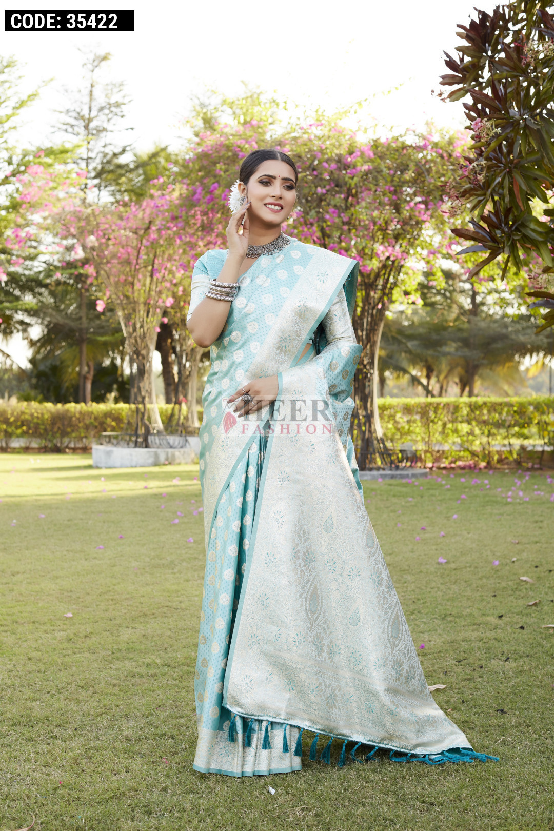 Sea green kanjivaram soft satin silk saree with weaving butta work ...