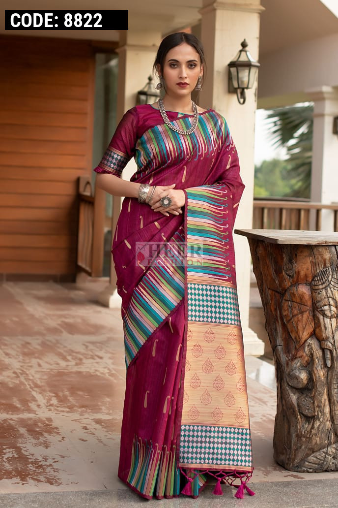 Magenta color pure tussar silk saree with ikkat woven border