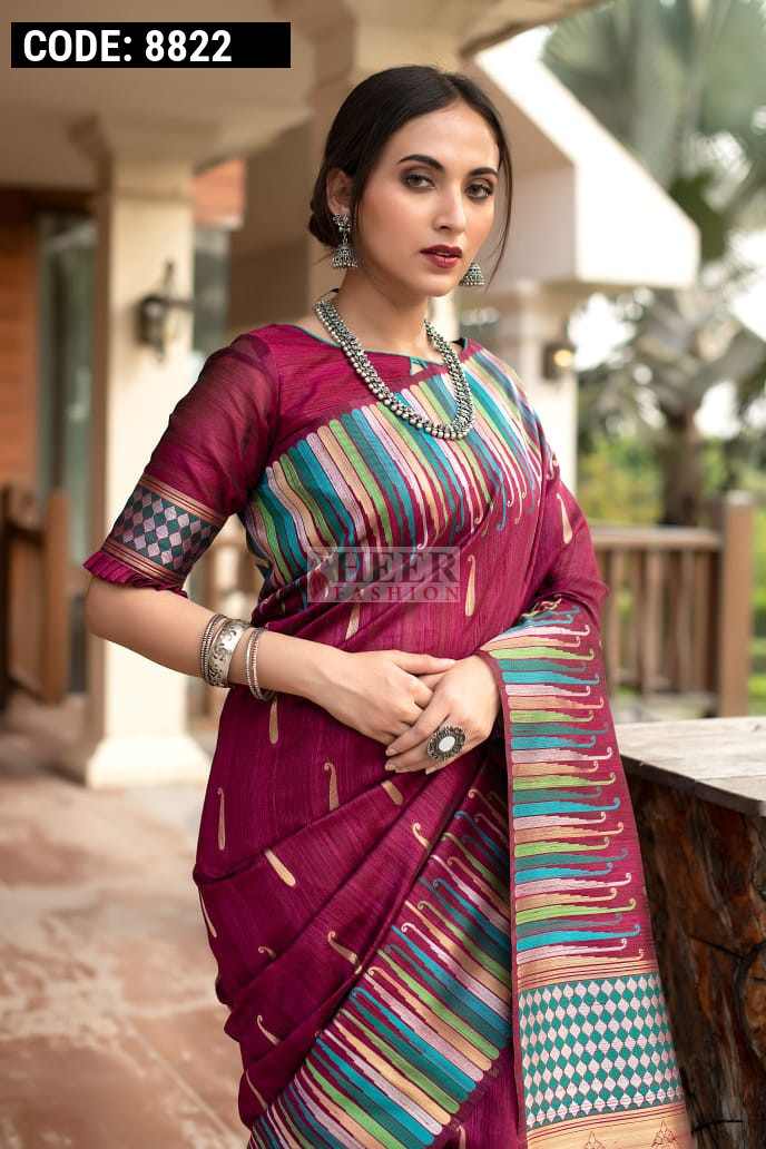 Magenta color pure tussar silk saree with ikkat woven border