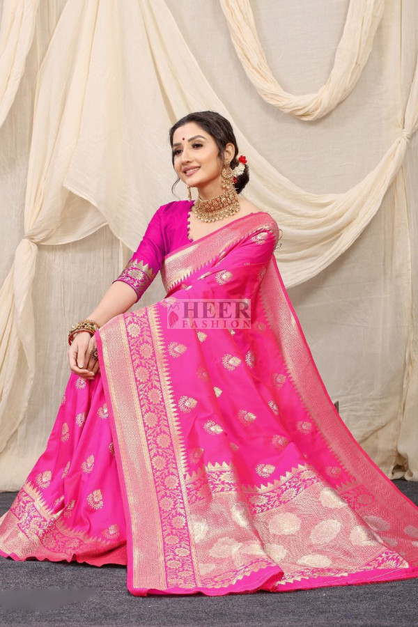 Rani pink color kanchipuram silk saree with zari weaving work
