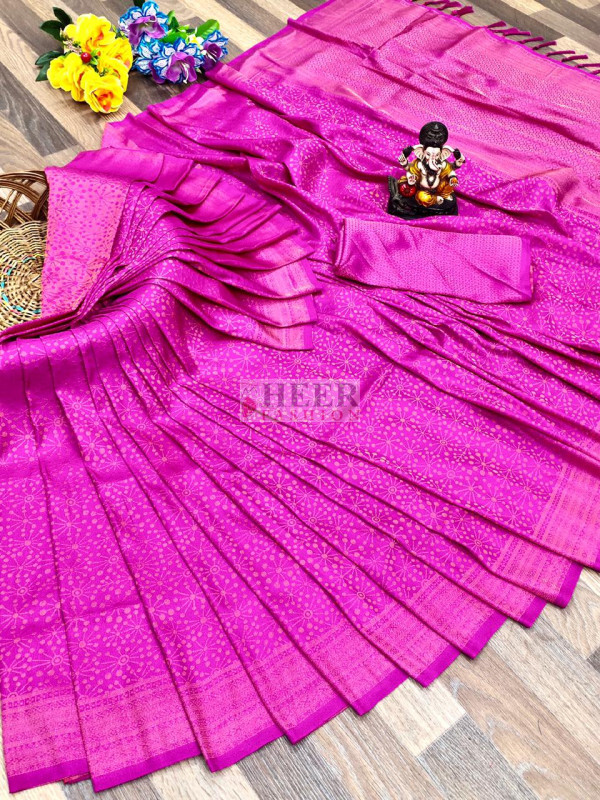 Rani pink color soft fancy silk saree with golden zari weaving work