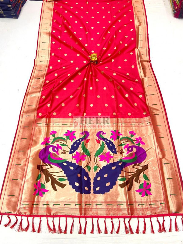 Gajari color paithani silk saree with golden zari weaving work