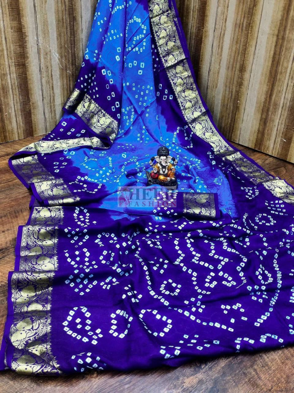 Sky blue and navy blue color hand bandhej bandhani silk saree with zari ...