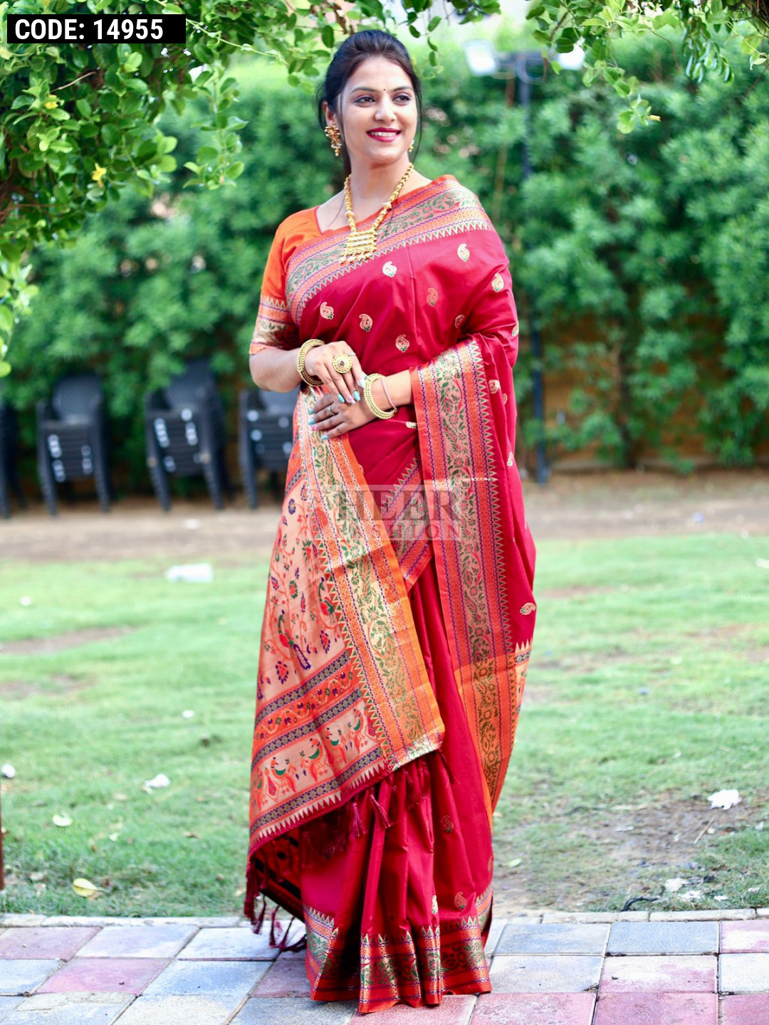 Maroon color paithani silk saree with zari weaving work