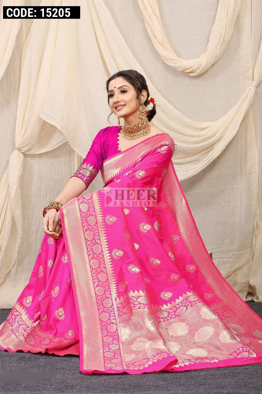 Rani pink color kanchipuram silk saree with zari weaving work