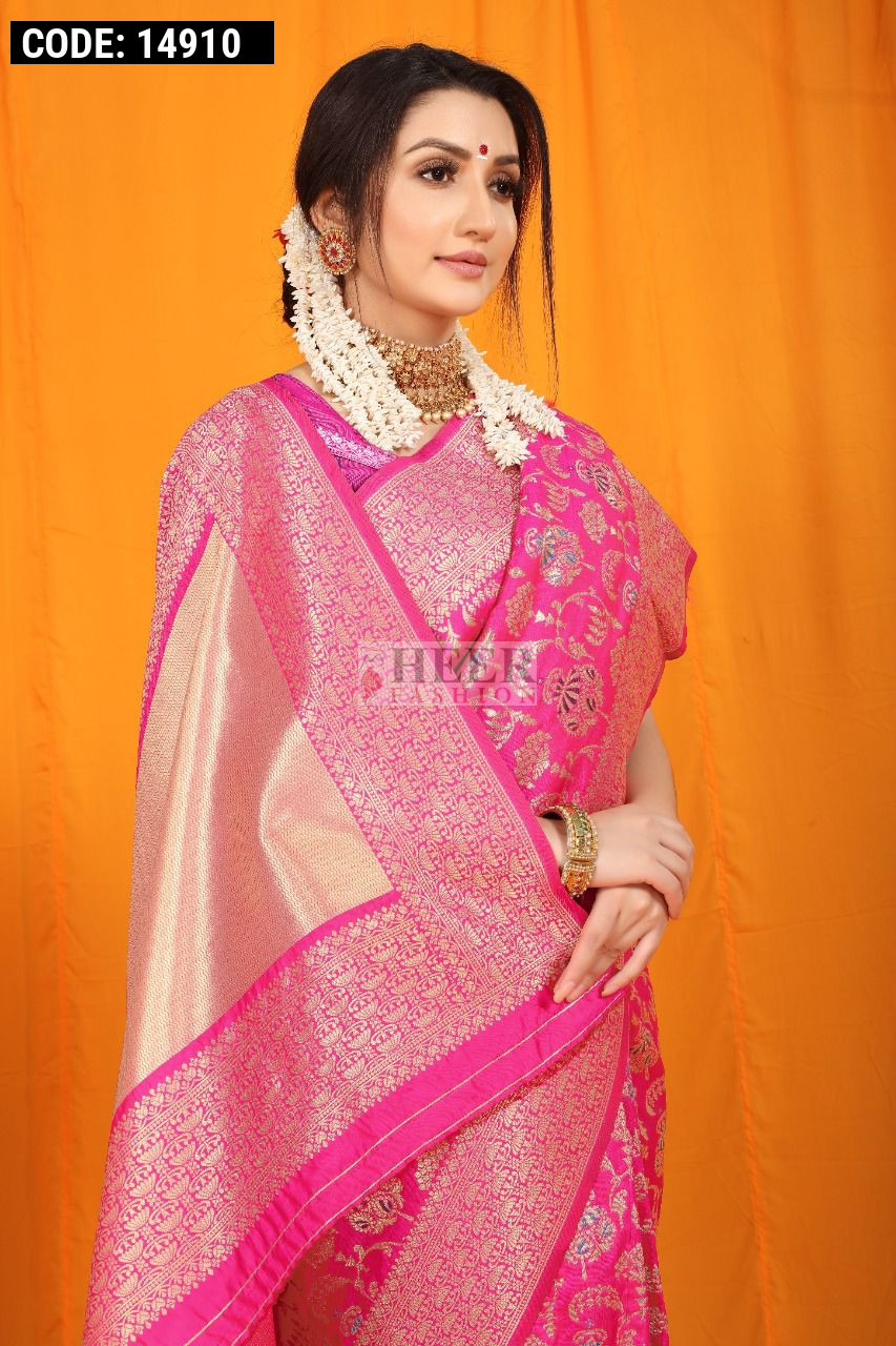 Rani pink color kanchipuram silk saree with zari weaving work