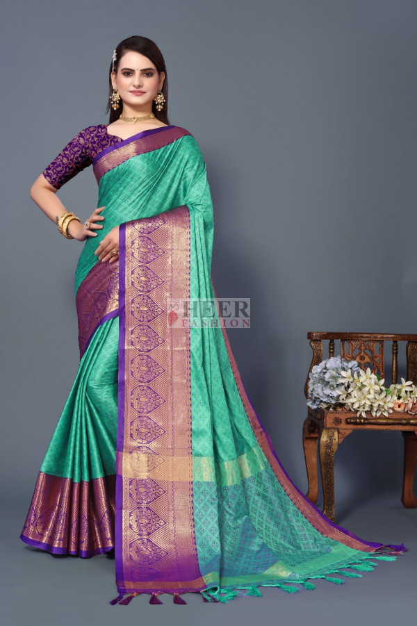 Rama green color soft cotton silk saree with woven design