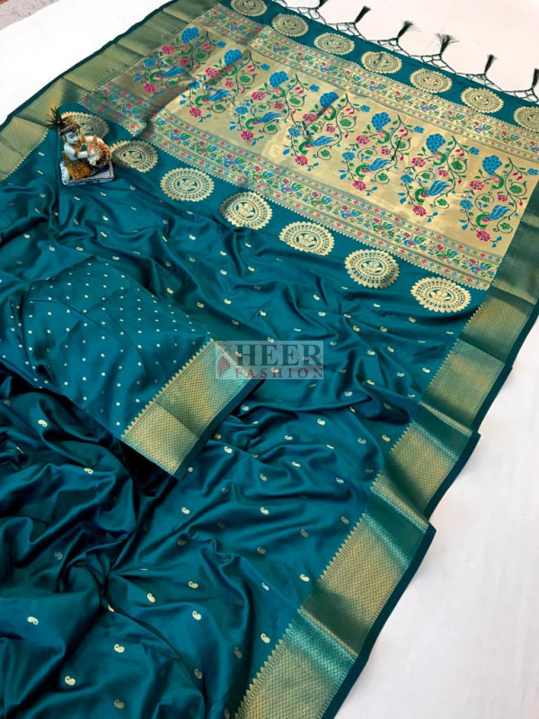 Rama green color paithani silk saree with zari weaving work