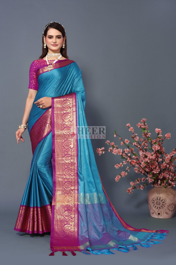 Firoji color soft cotton silk saree with woven design