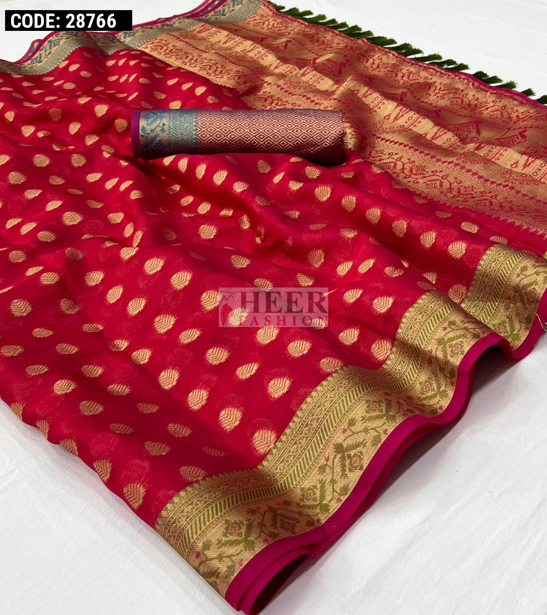 Red color kora muslin silk saree with woven design