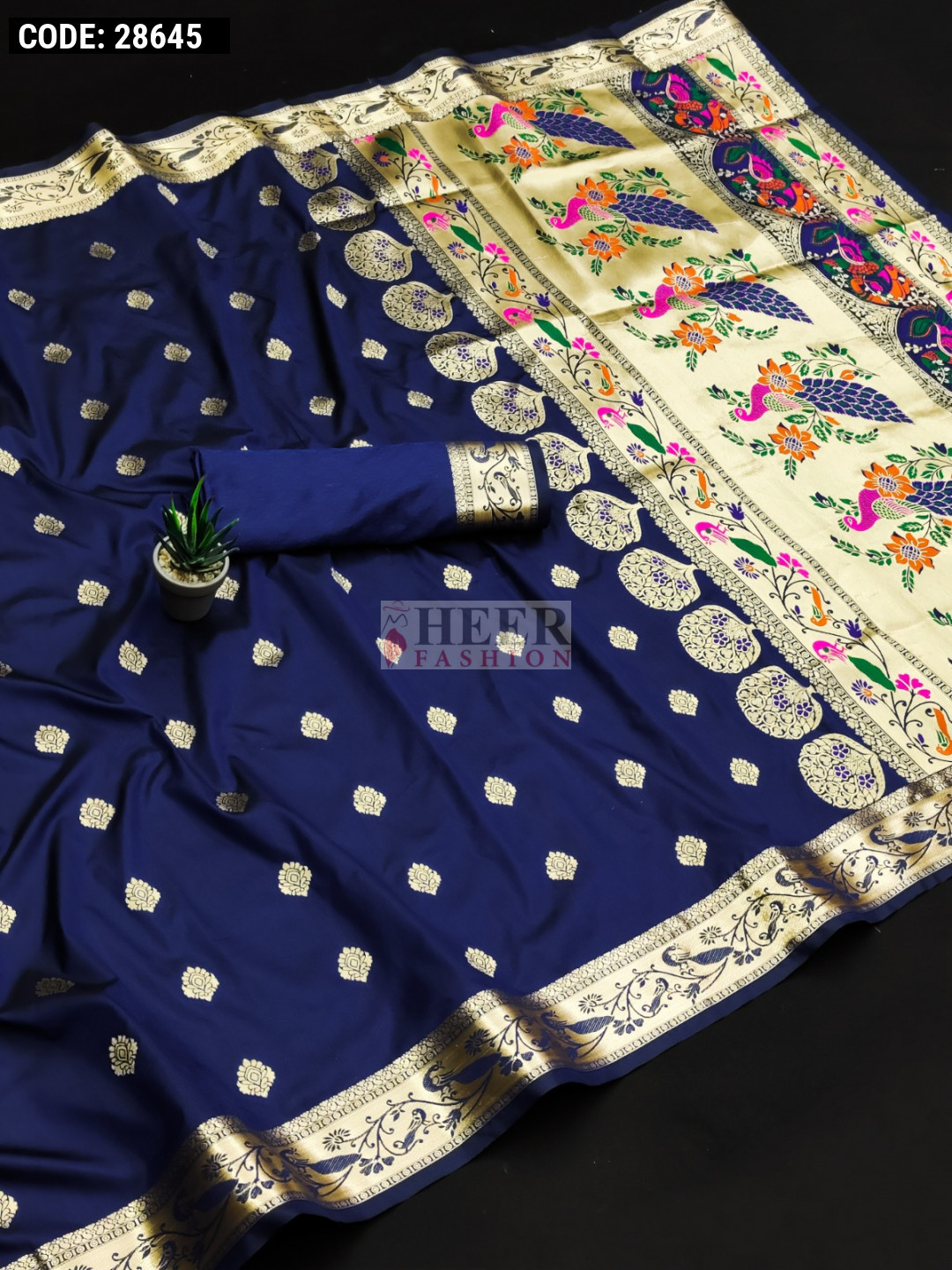 Navy blue color paithani silk saree with zari weaving work