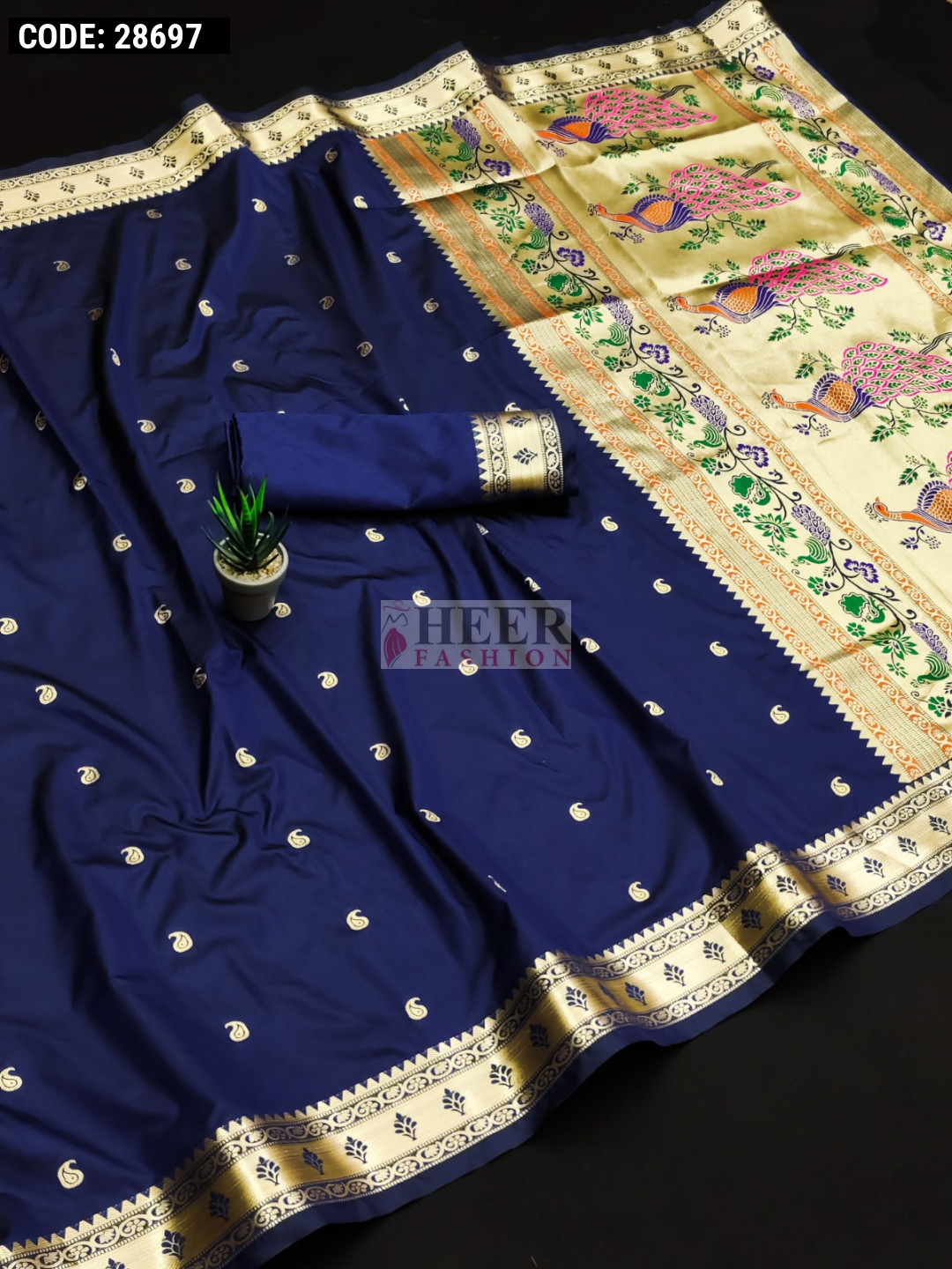 Navy blue color paithani silk saree with zari weaving work