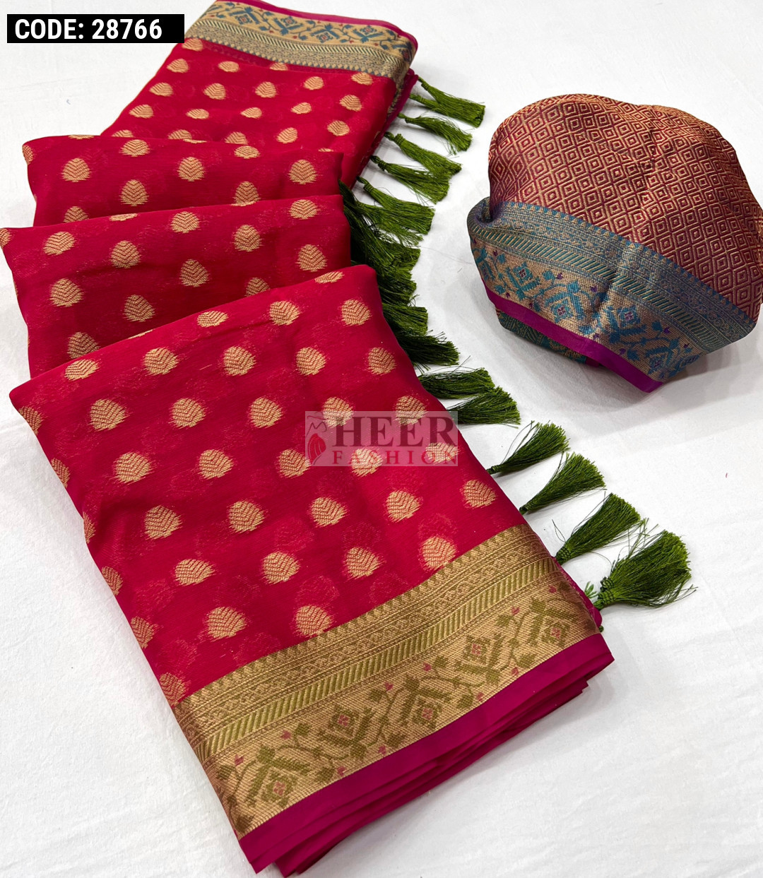 Red color kora muslin silk saree with woven design