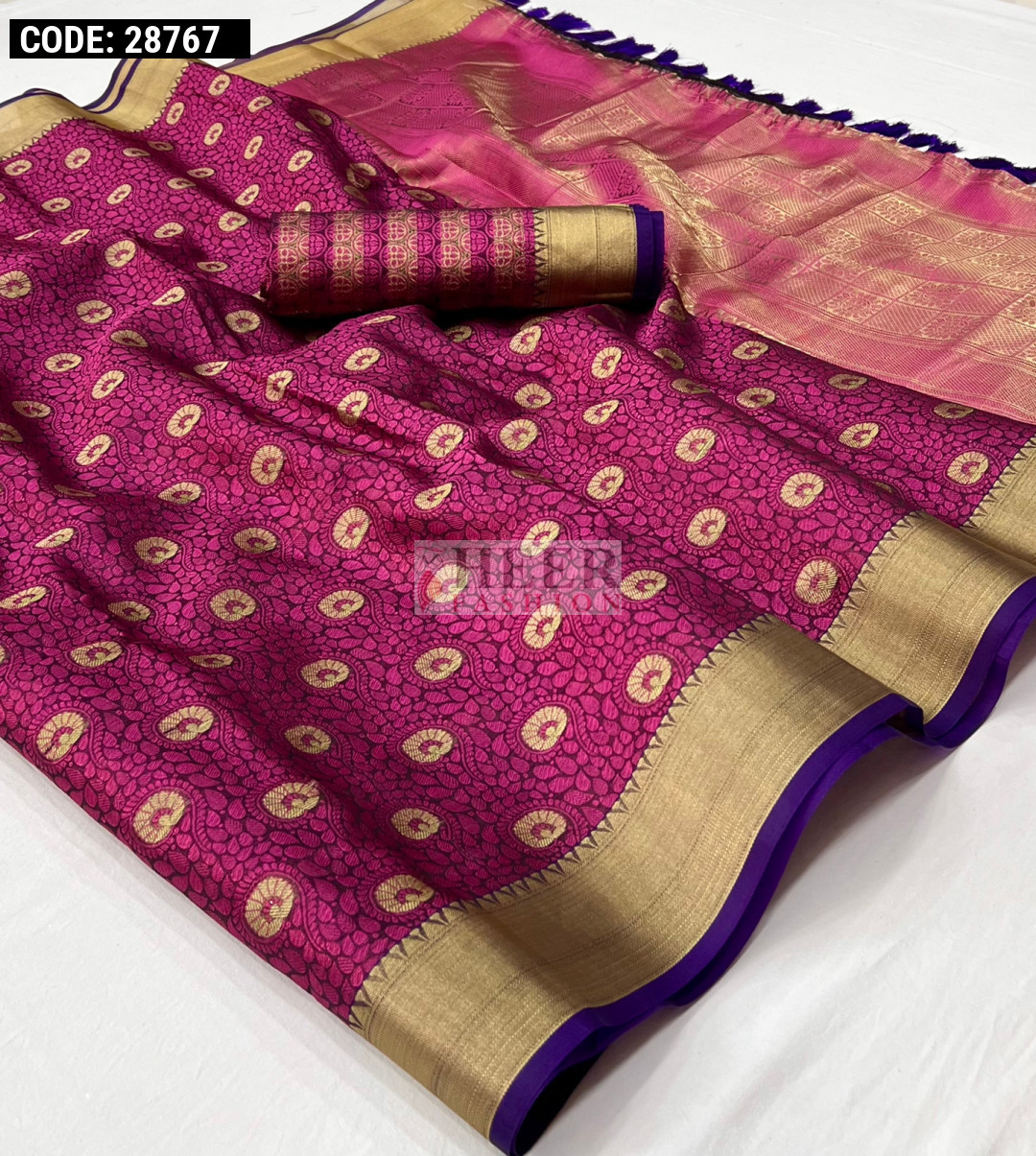 Magenta color kora muslin silk saree with woven design