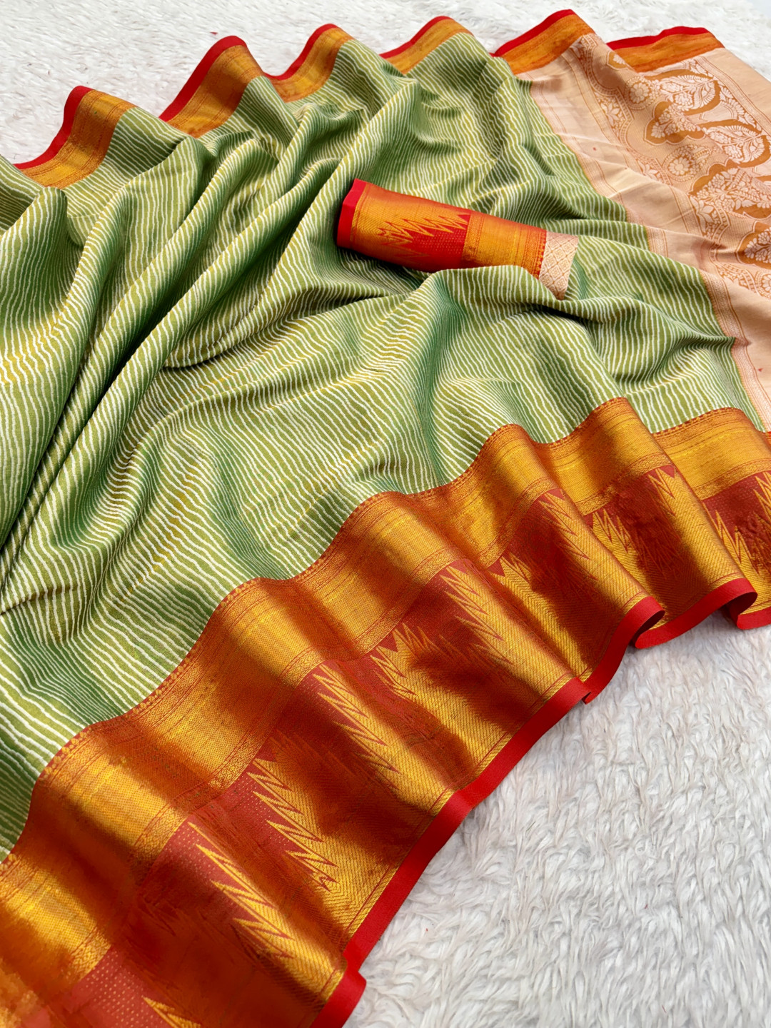 Green and red color kanjivaram pattu silk saree with zari weaving work
