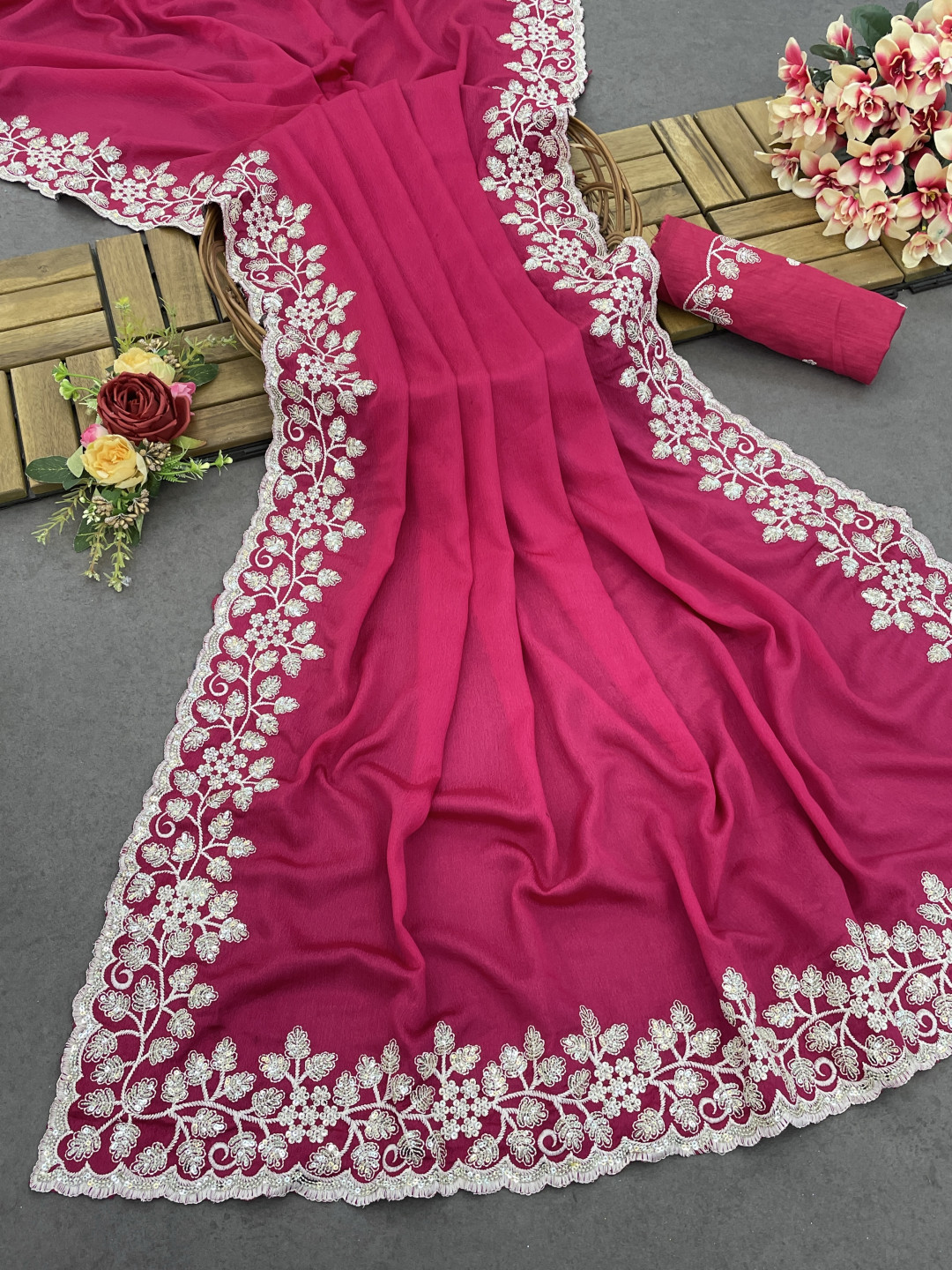 Fancy Designer rani pink crepe georgette silk saree with embroidery ...
