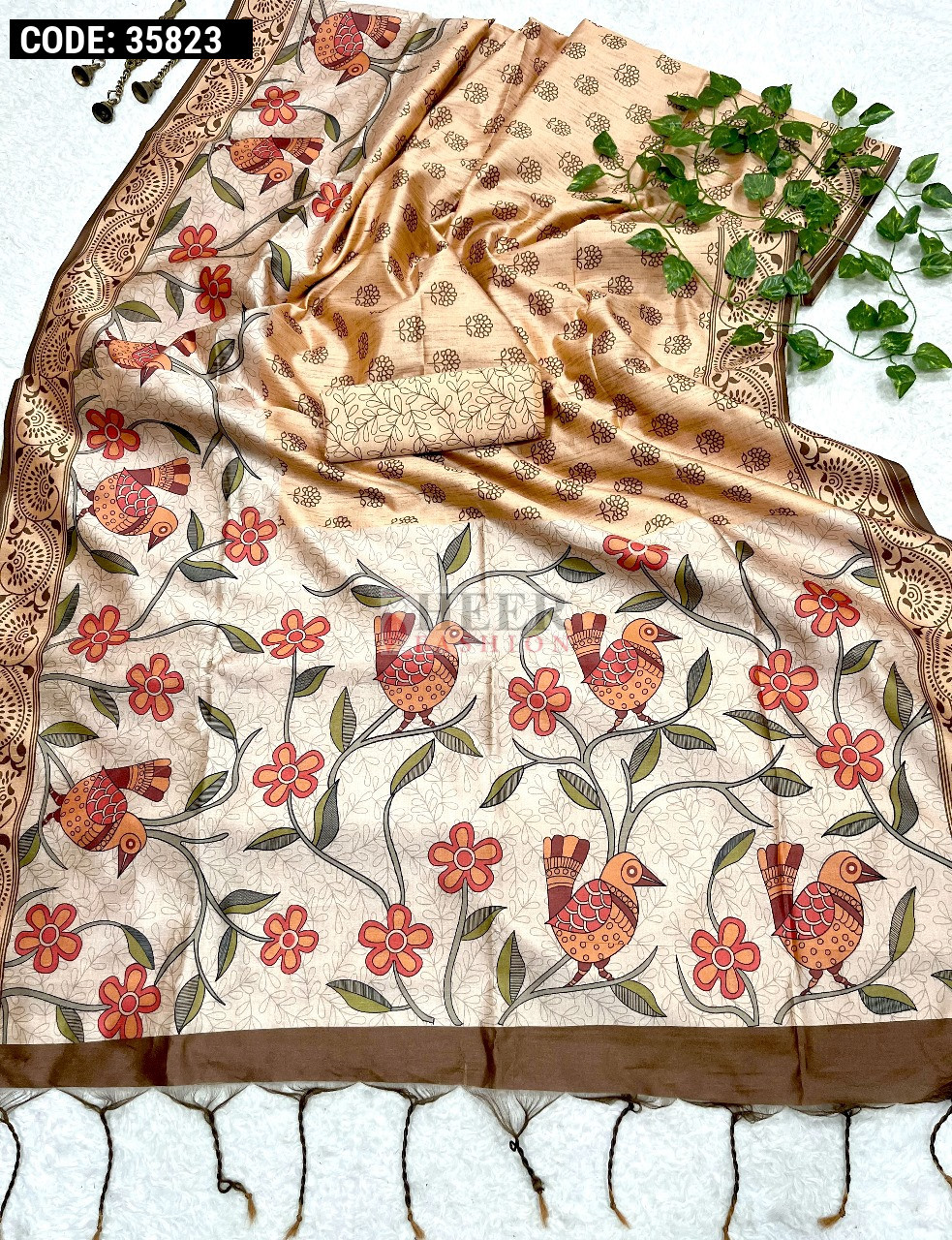Beige color batik printed tussar silk saree