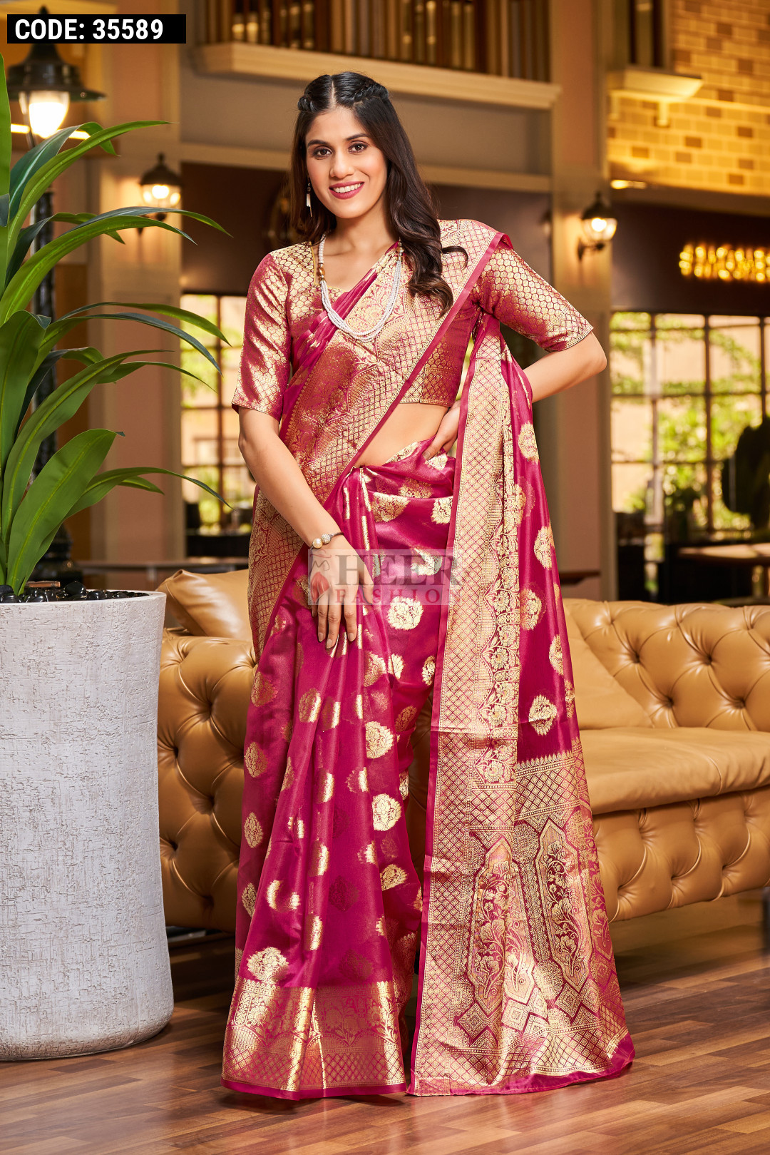 Golden zari weaving pink color rich organza silk saree