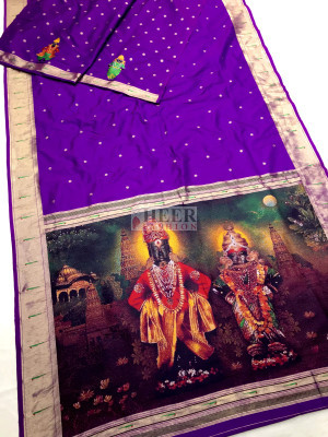 Purple devotional paithani silk saree with lord balaji and goddess ...