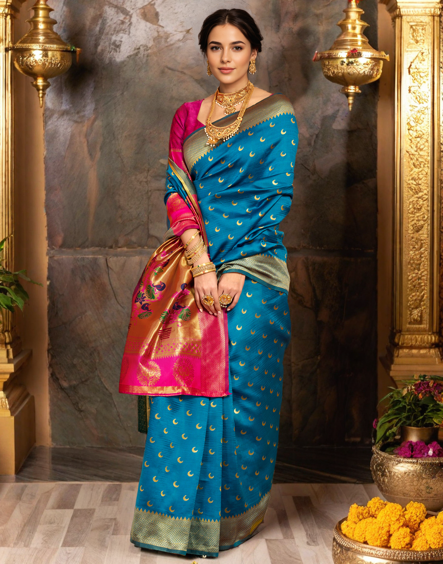 Traditional morpeach chand design paithani silk saree with zari weaving ...