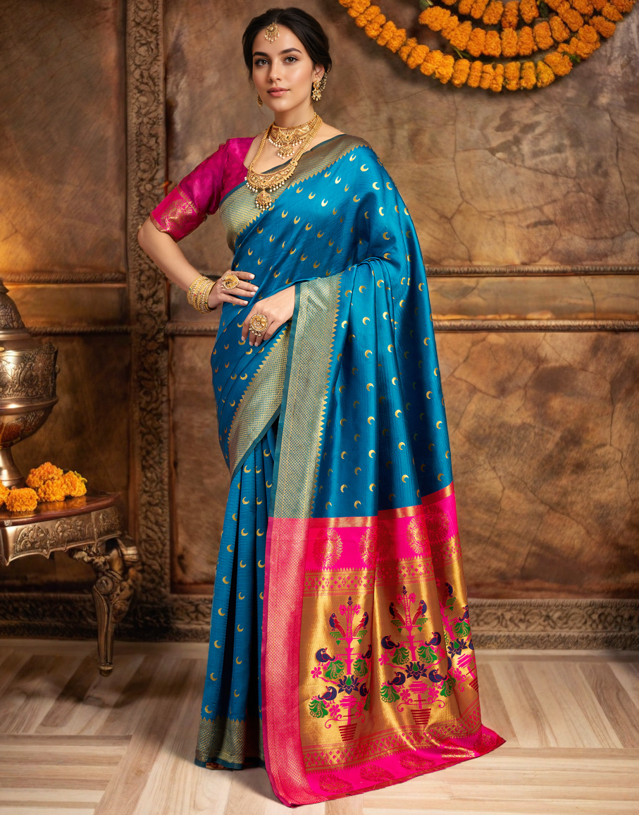 Traditional morpeach chand design paithani silk saree with zari weaving ...