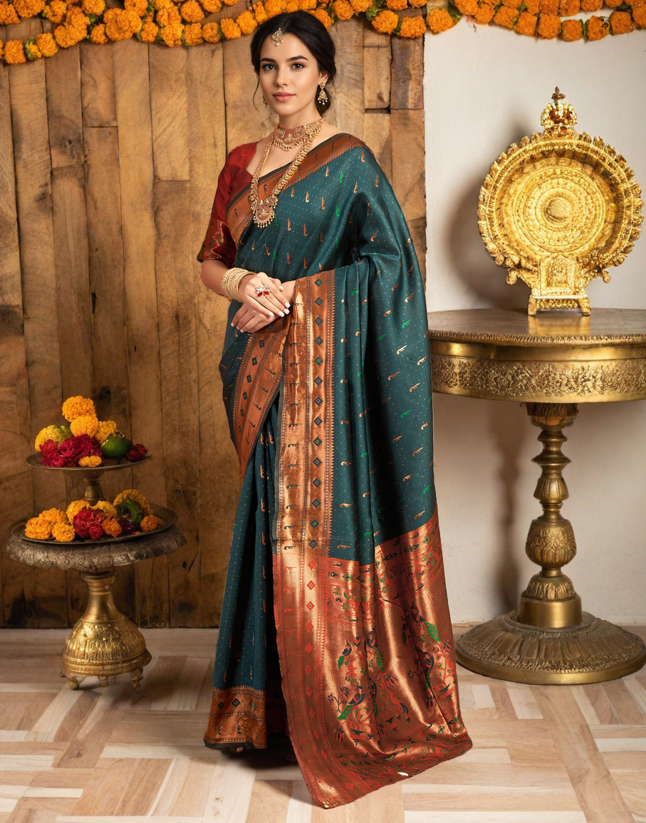 Traditional dark green paithani silk saree with zari weaving work