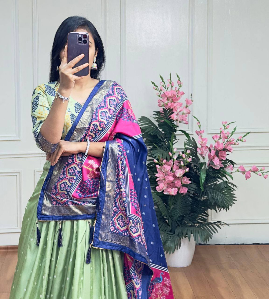 Pista green and blue color dola silk lehenga with foil and patola ...
