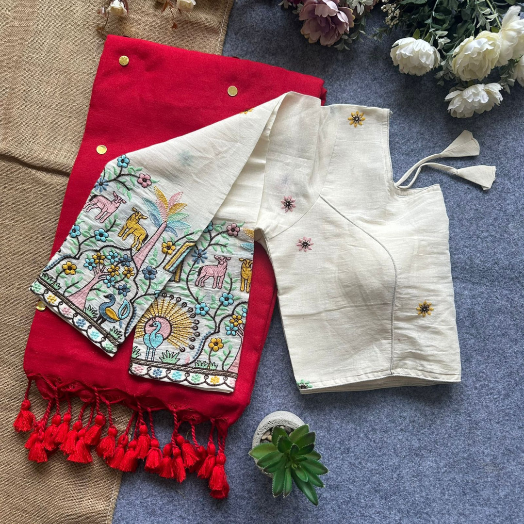 Red khadi cotton saree with beautiful ginni and khadi cotton readymade ...