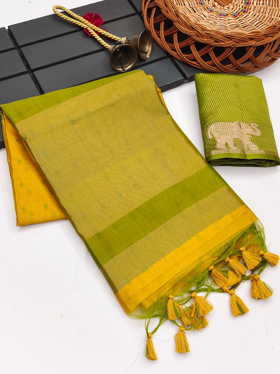 Yellow color khadi raw silk saree with zari lining pallu with elephant ...