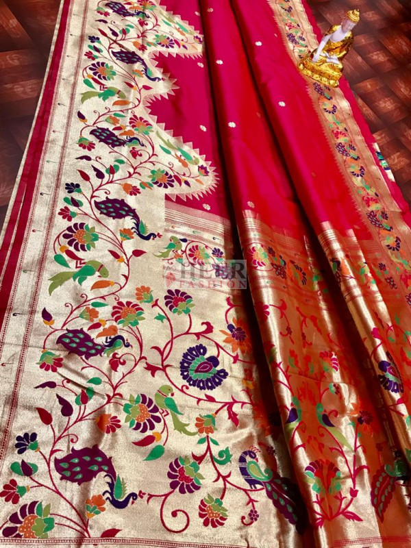 Gajari color rich paithani silk saree with pure golden zari weaving work