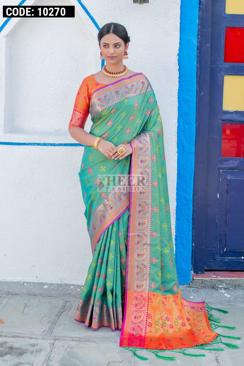 Green color soft banarasi silk saree with meenakari design