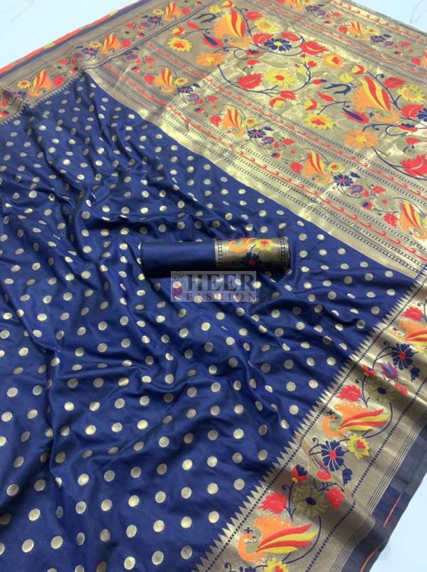 Navy blue color paithani silk saree with zari weaving work