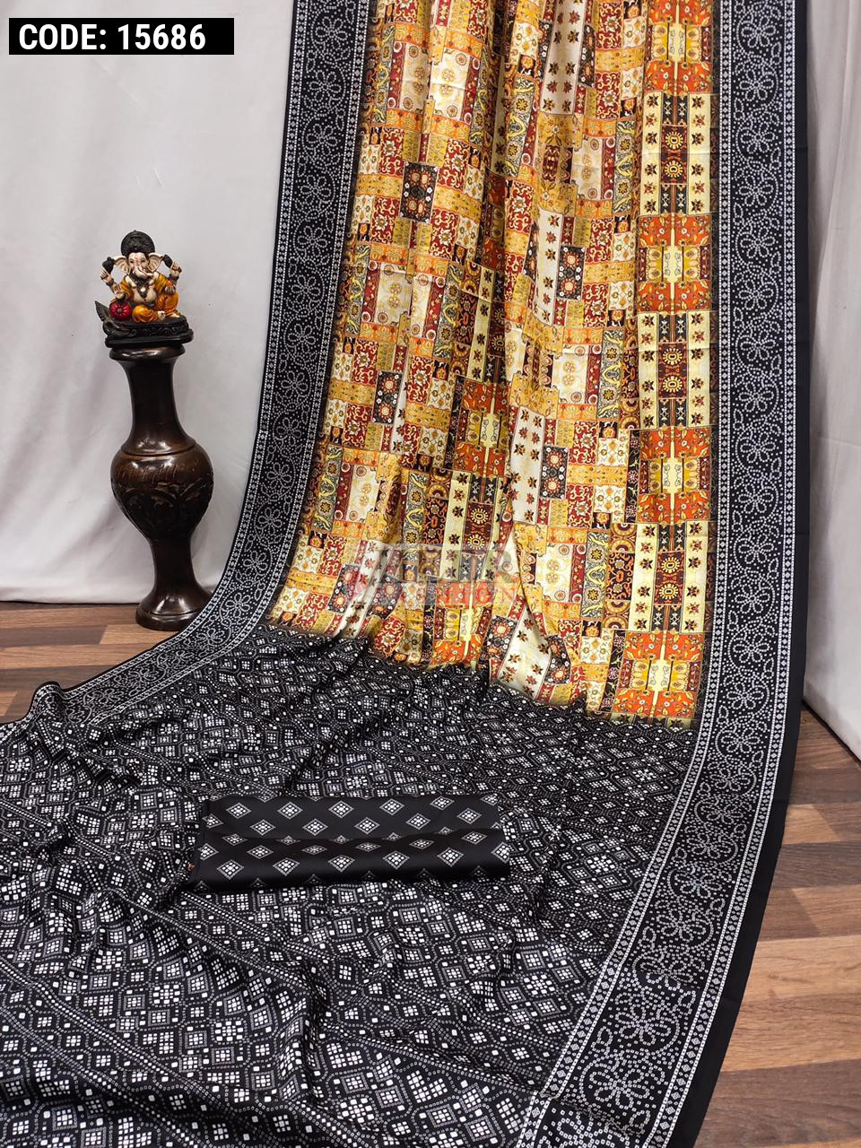 Multi color crape silk saree with kalamkari bandhej printed work