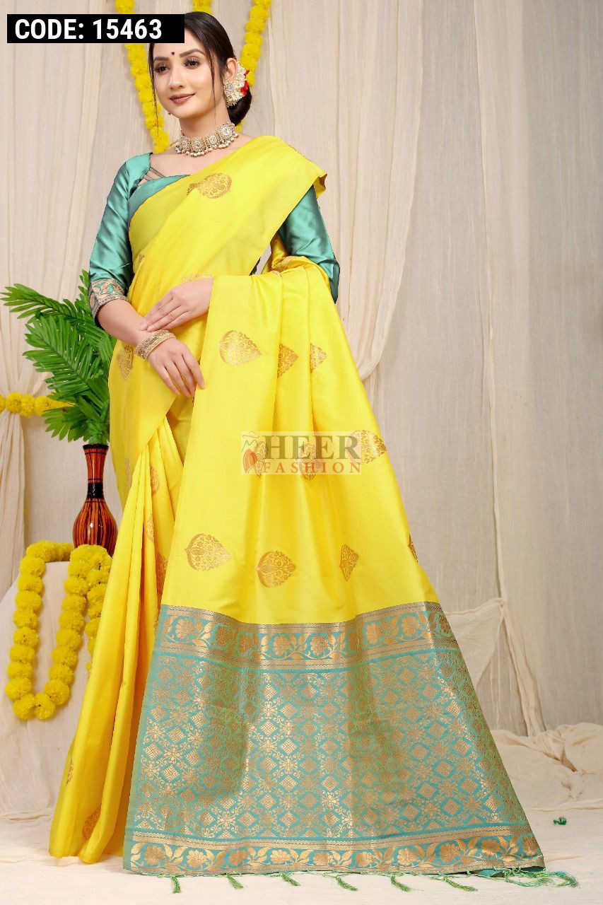 Yellow color soft banarasi silk saree with zari weaving work