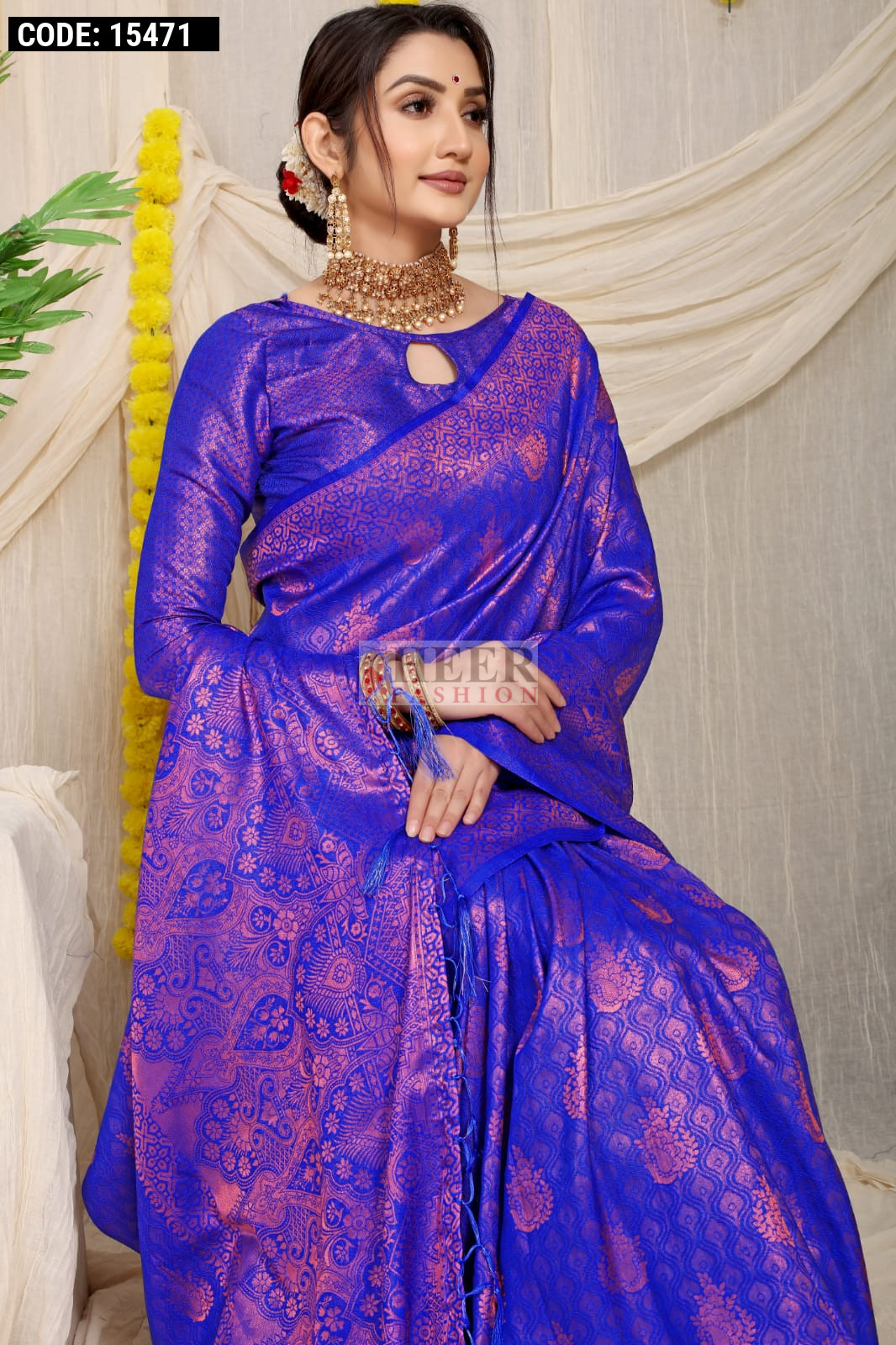 Royal blue color soft fancy silk saree with golden zari weaving work