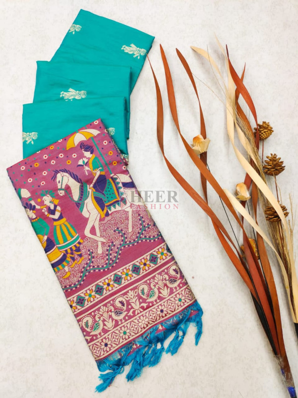 Rama green color soft raw silk saree with woven design