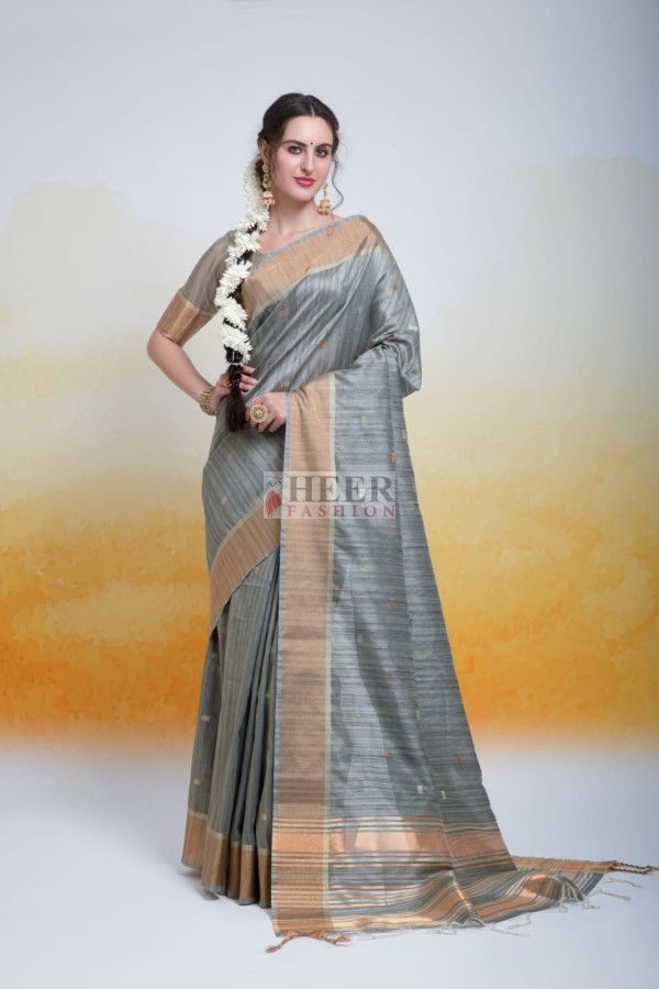 Gray color tussar silk saree with zari woven work