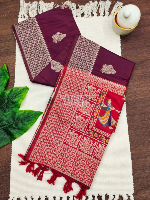 Magenta and red color soft handloom raw silk saree with woven design