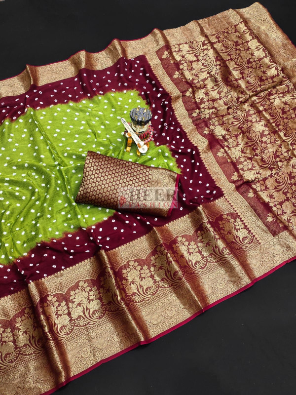 Multi color hand bandhej silk saree with zari weaving work