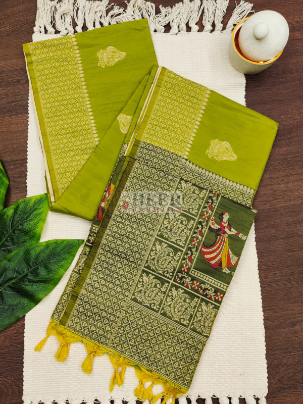 Mahendi green color soft handloom raw silk saree with woven design