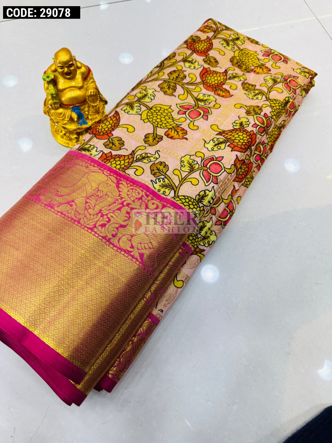 Baby pink color kanchipuram silk saree with digital printed work