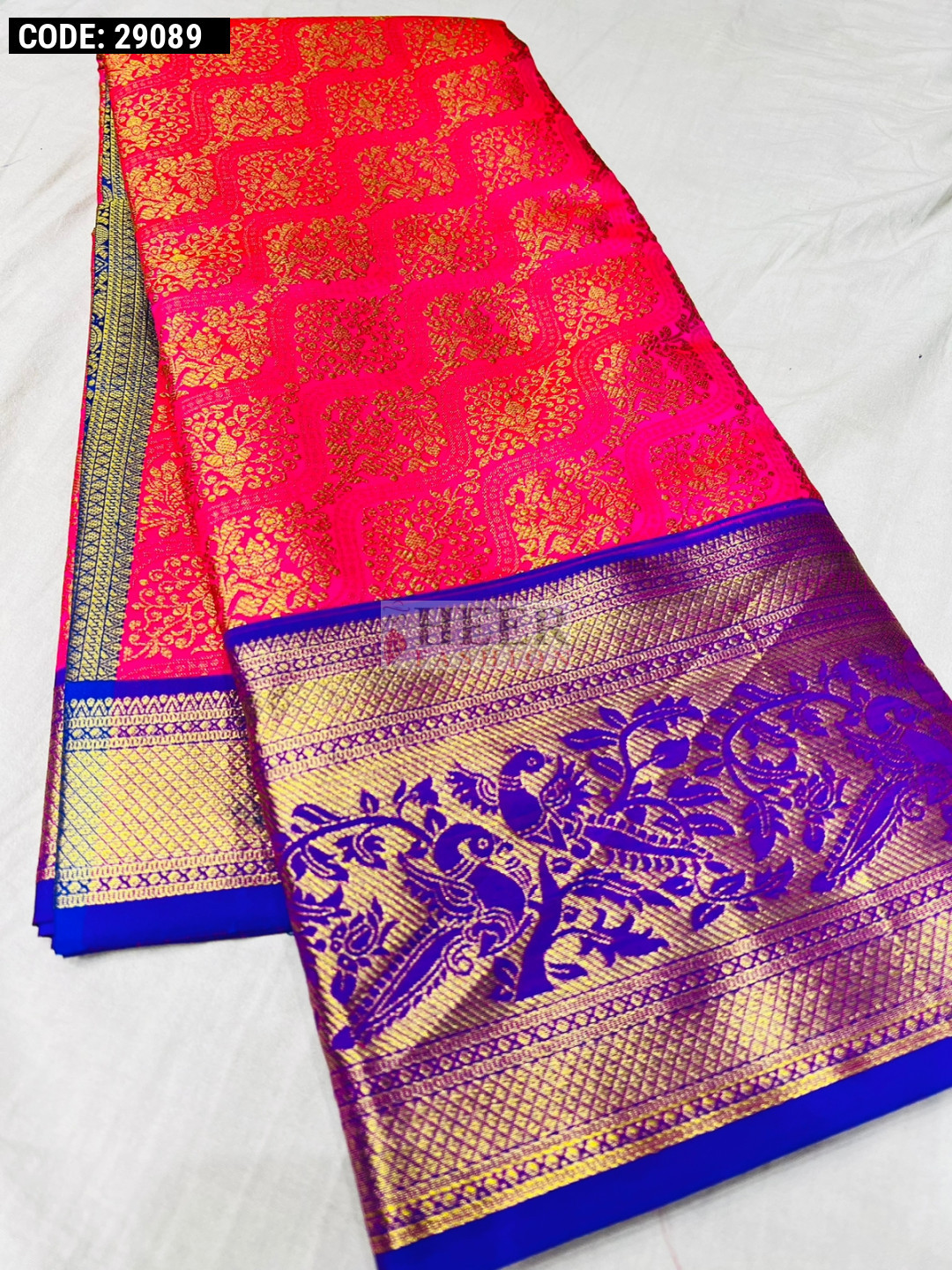 Pink color kanchipuram silk saree with zari weaving work